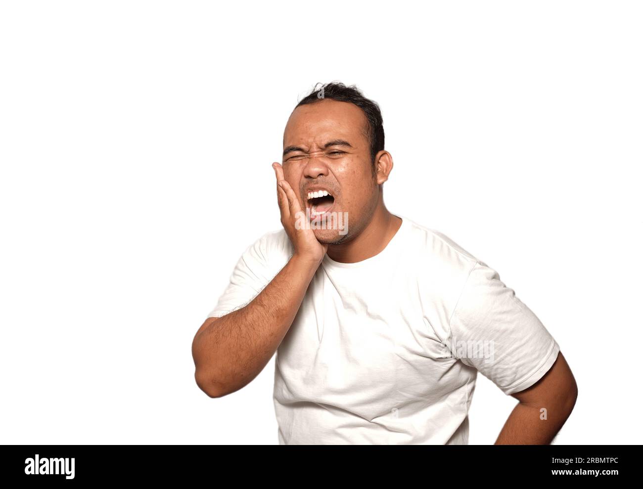 Photo of man asia wearing white t shirt ill, Toothache with hurt ...
