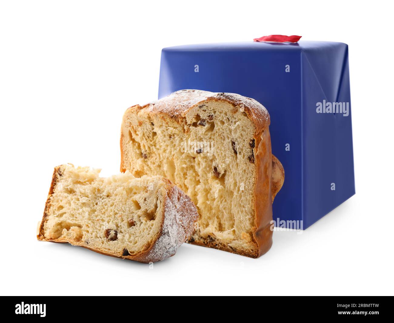 Delicious cut Panettone cake with powdered sugar and box on white ...