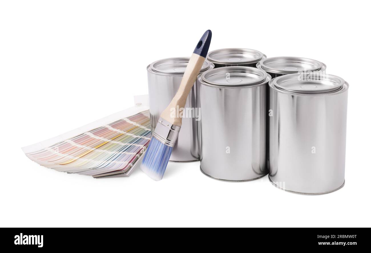 Cans of paints, brush and color palette on white background Stock Photo ...