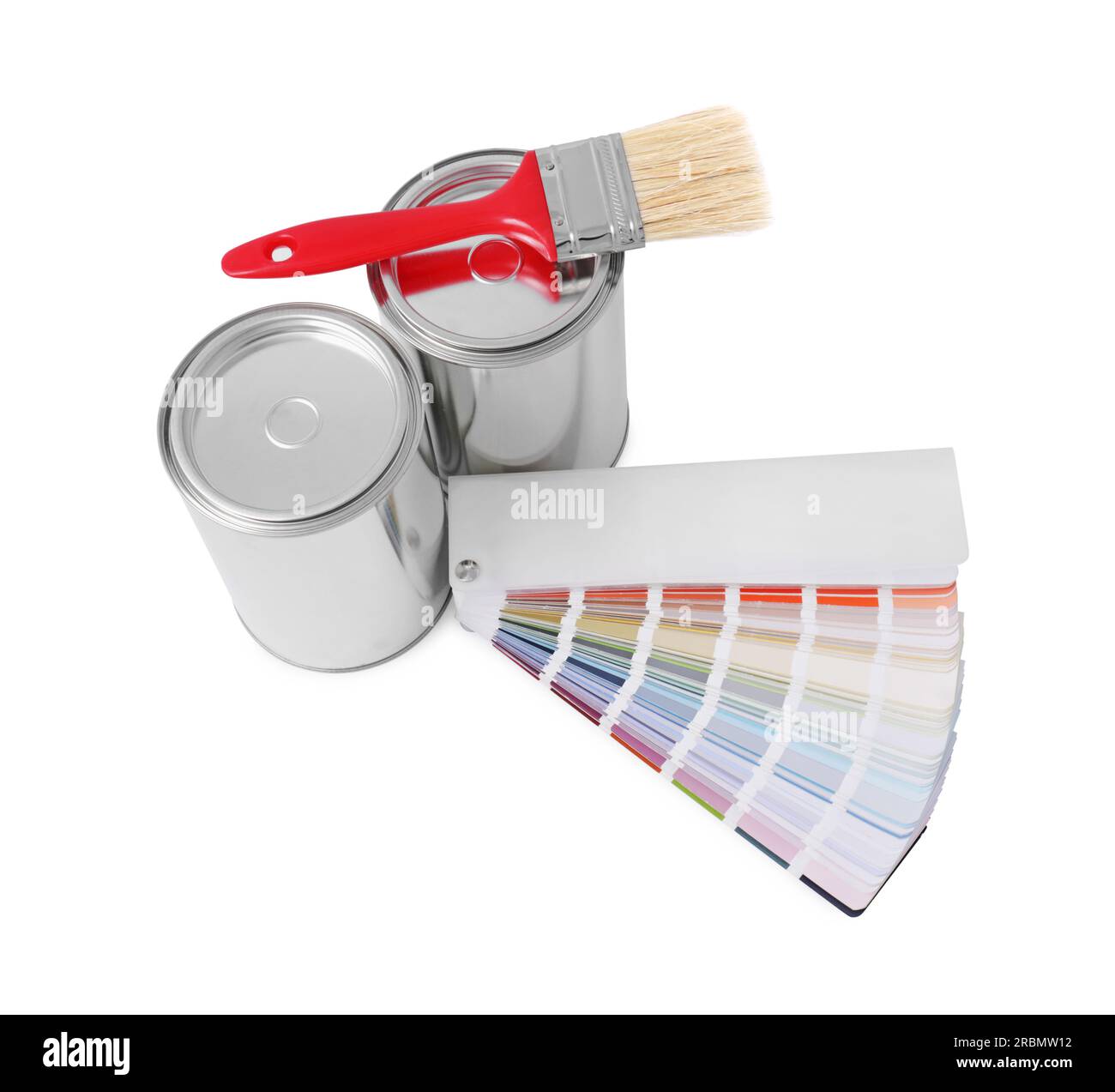 Cans of paints, brush and color palette on white background Stock Photo ...