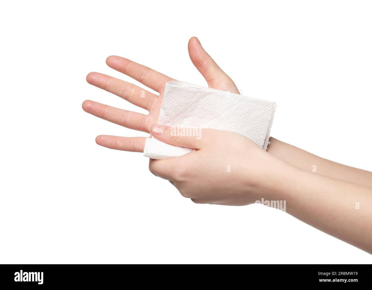 Woman wiping hands with paper towel on white background, closeup Stock ...