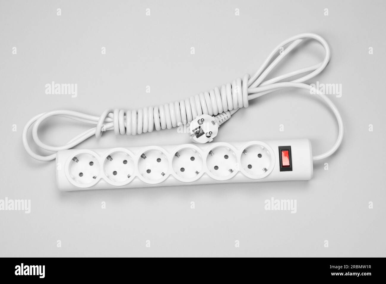 New power strip with switch button on white background, top view Stock ...