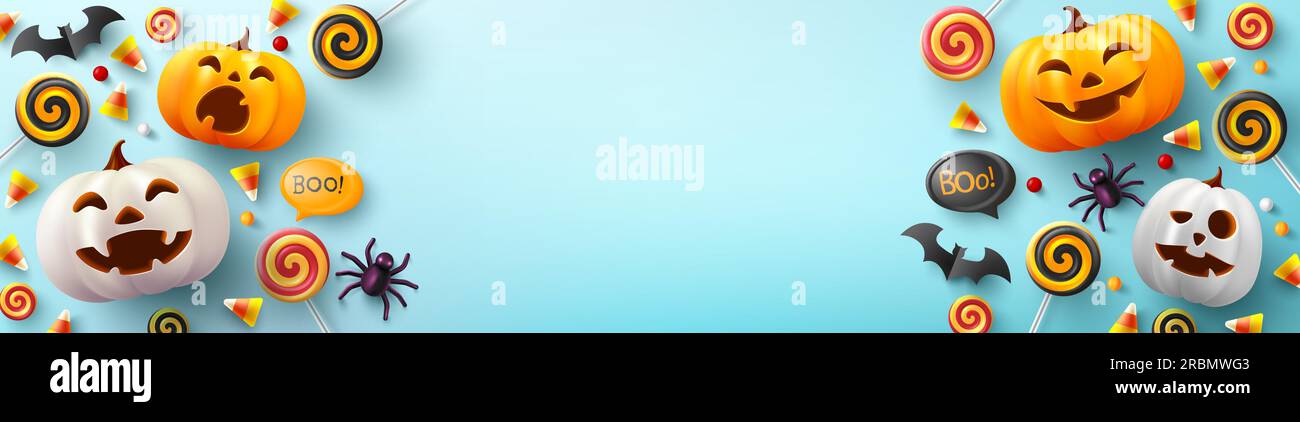 Halloween Background with cute halloween pumpkin,bat,spider and candy ...