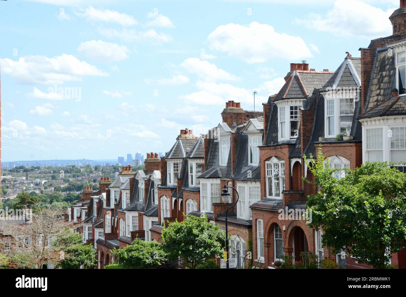 view of london skyline with olympic park and canary wharf distant from ...