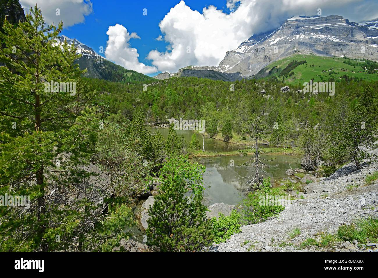A mountain pool in the Swiss Alps, in the Derborance Valley below the ...