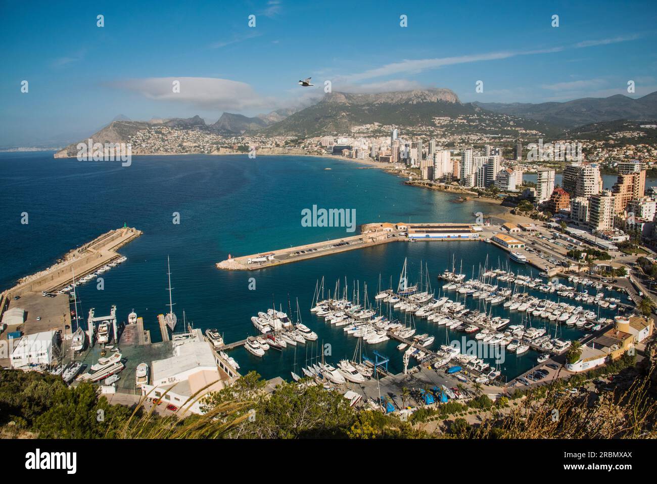 Calpe, view from Penon de Ifach on port, town with Morro de Toix in ...
