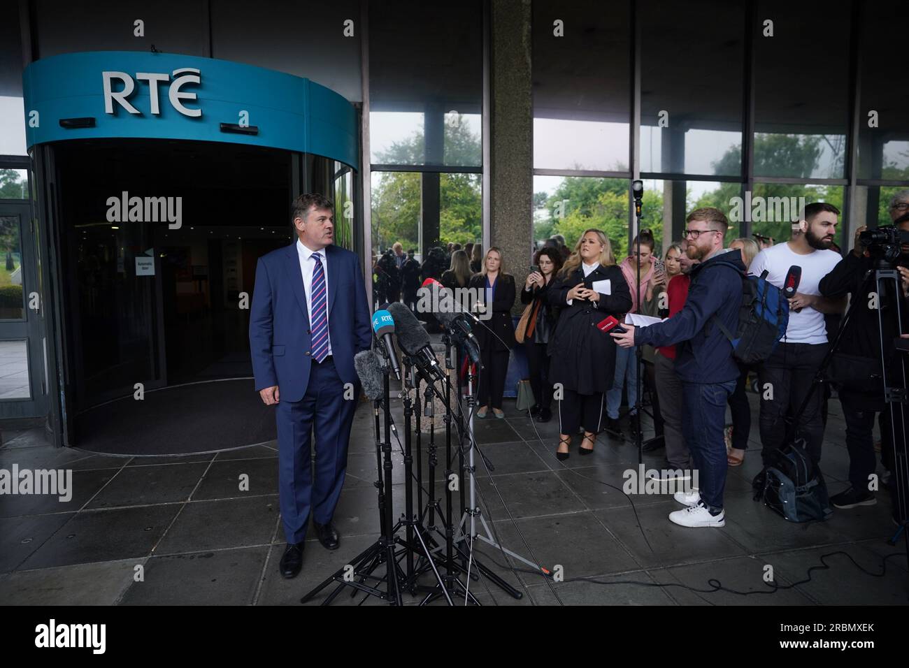 New RTE director general Kevin Bakhurst speaks to the media outside the ...