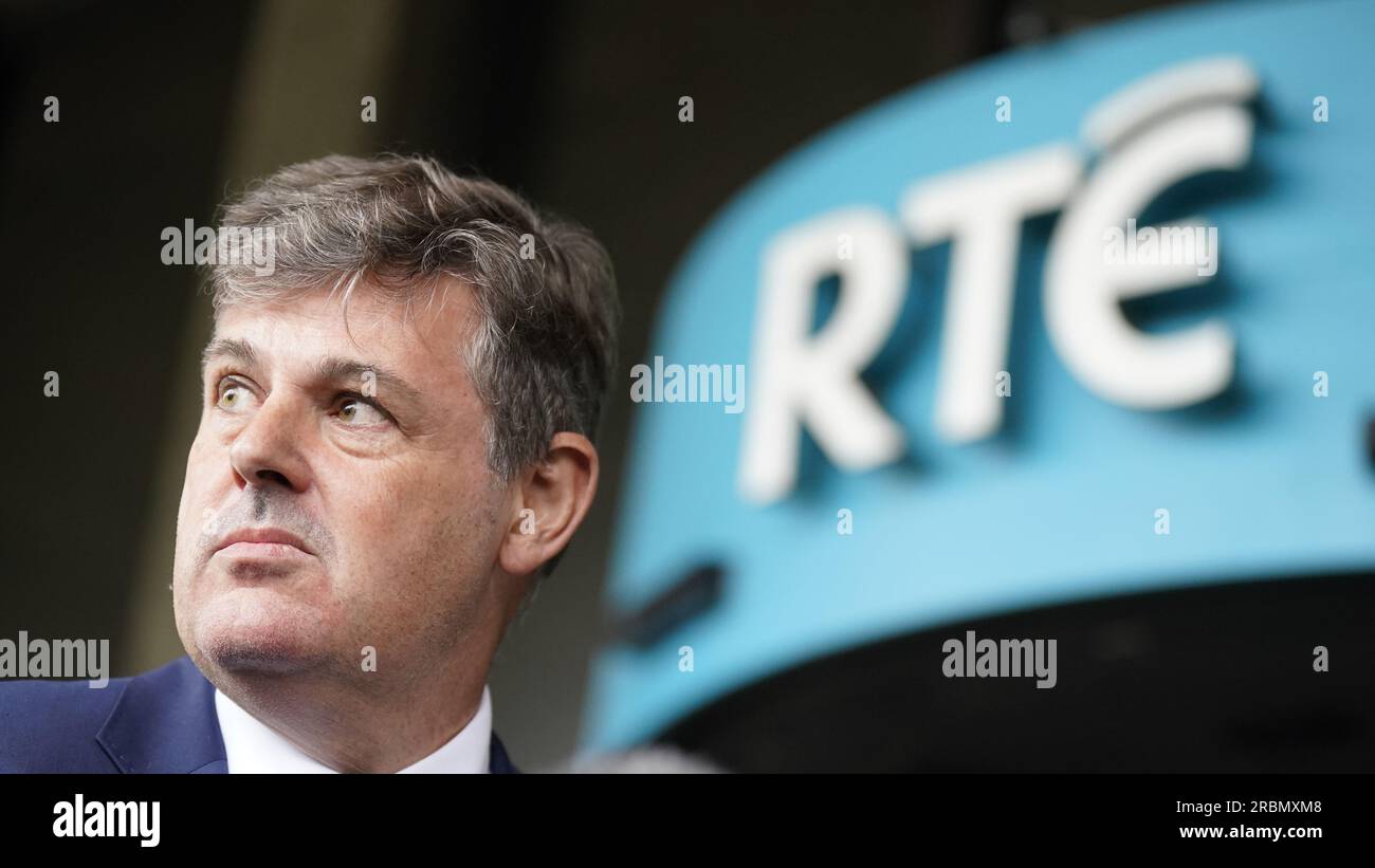 New RTE director general Kevin Bakhurst speaks to the media outside the ...