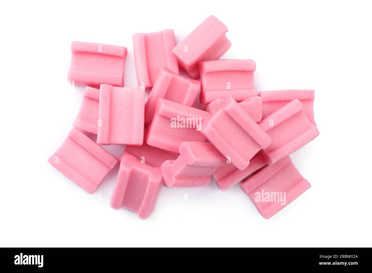 Pile of tasty pink chewing gums on white background, top view Stock ...