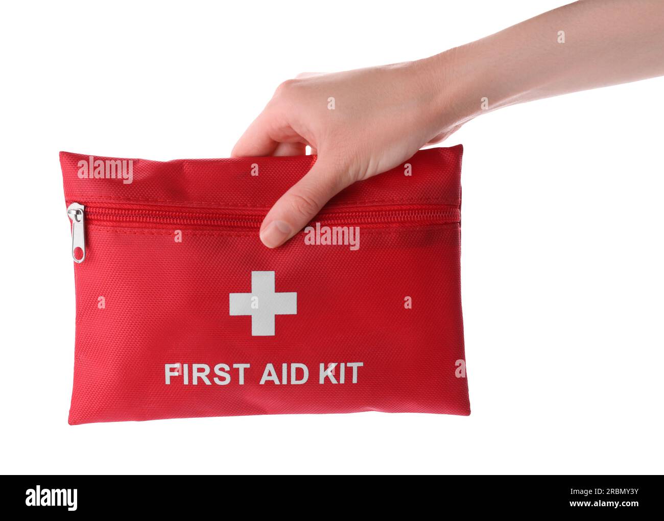 Woman holding first aid kit on white background, closeup Stock Photo ...