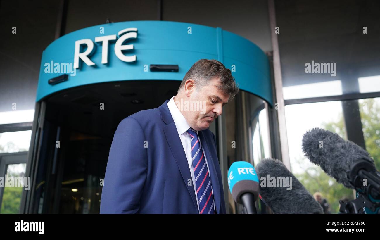 New RTE director general Kevin Bakhurst speaks to the media outside the ...