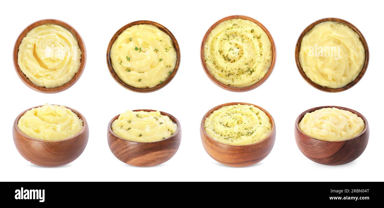 Collage with mashed potato in bowls on white background, top and side ...