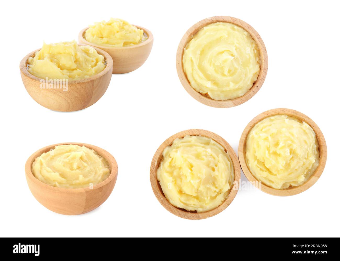 Collage with mashed potato in bowls on white background, top and side ...