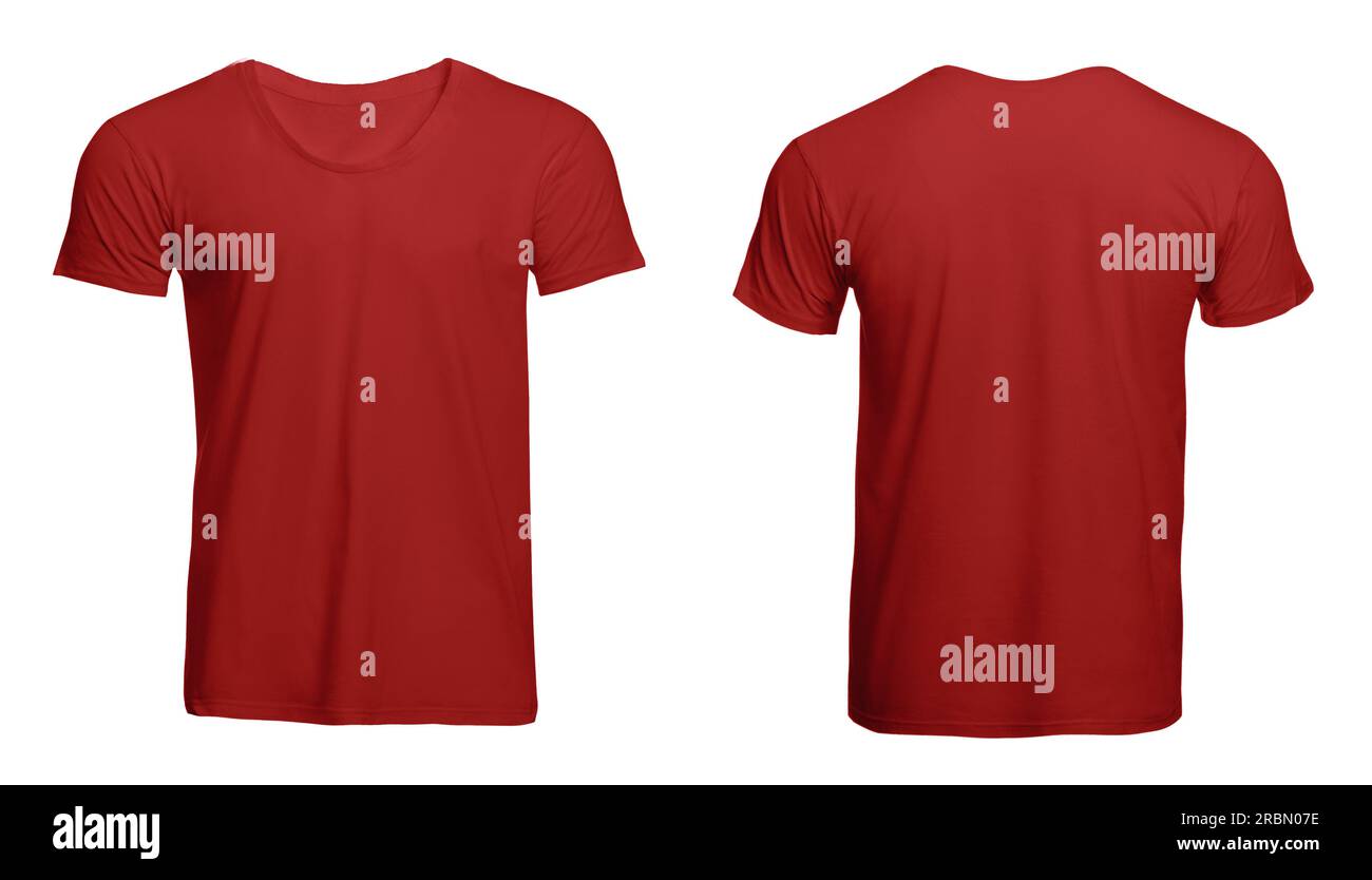 Front and back views of red men's t-shirt on white background. Mockup ...