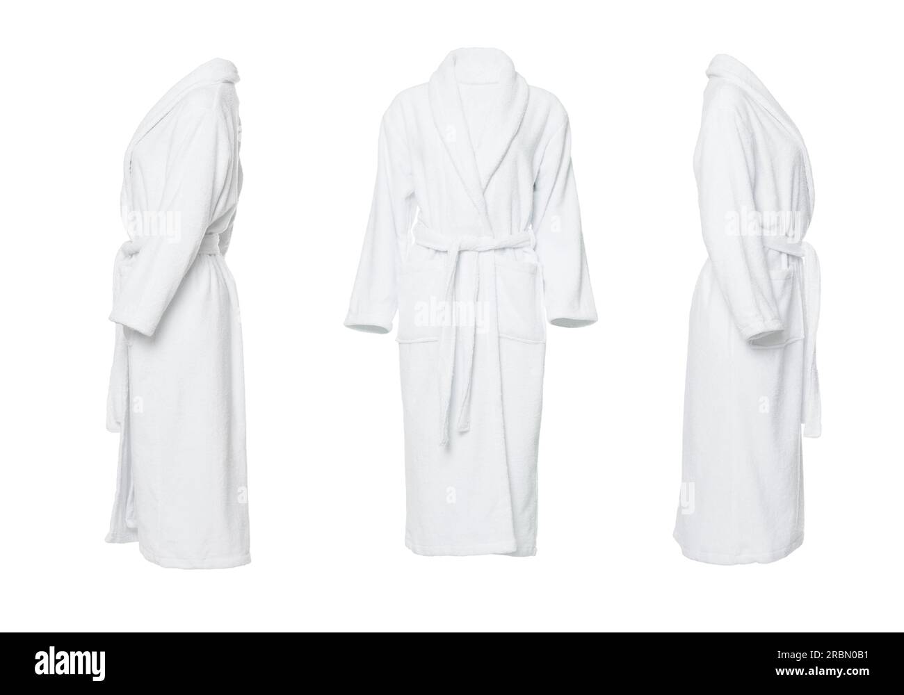 Collage with clean terry bathrobe on white background, different views ...