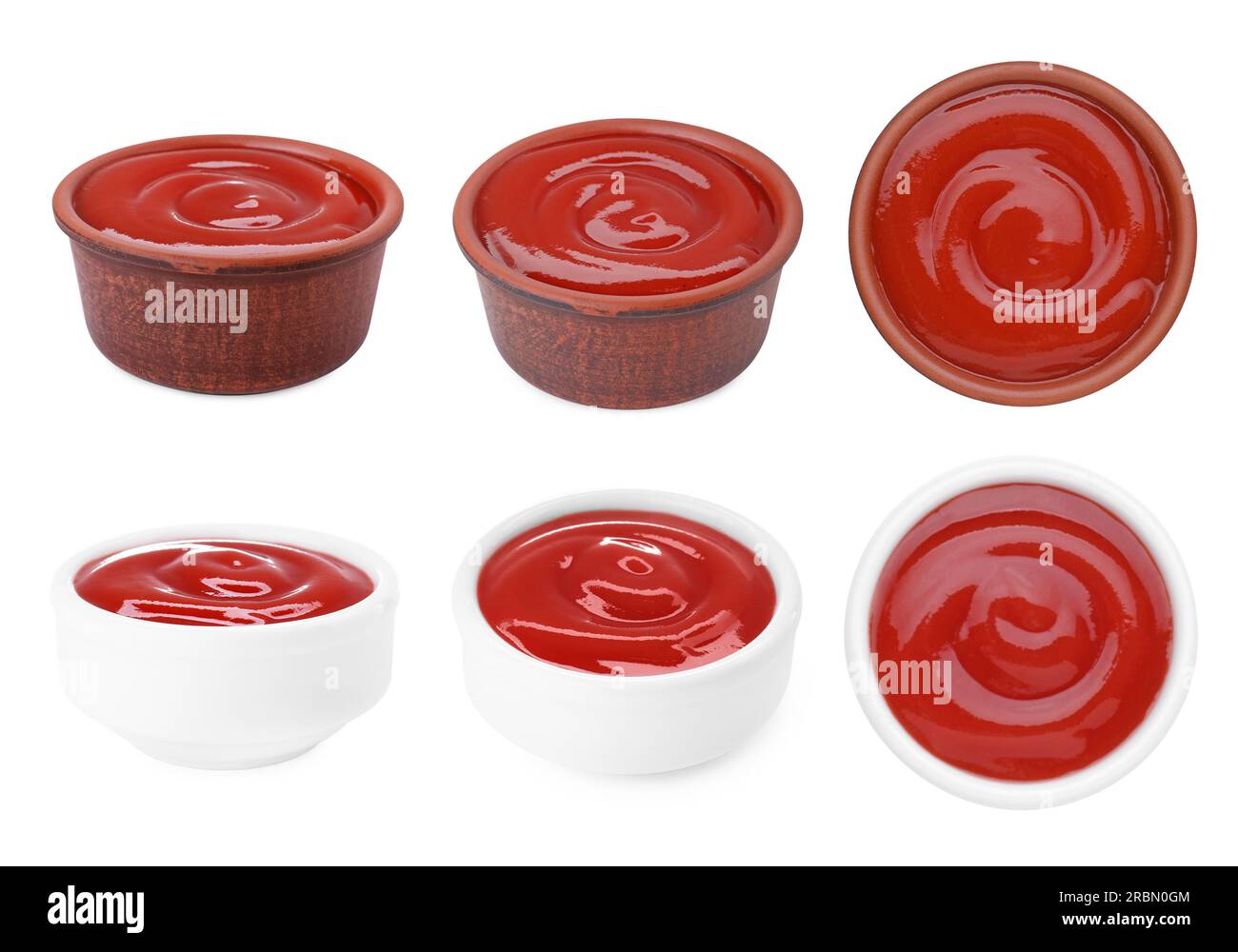 Set of tasty ketchup in different bowls on white background, different ...