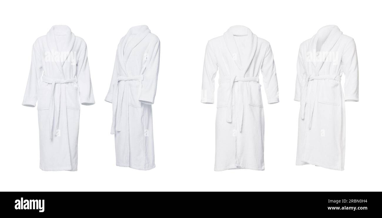 Set of men's and women's bathrobes on white background Stock Photo - Alamy