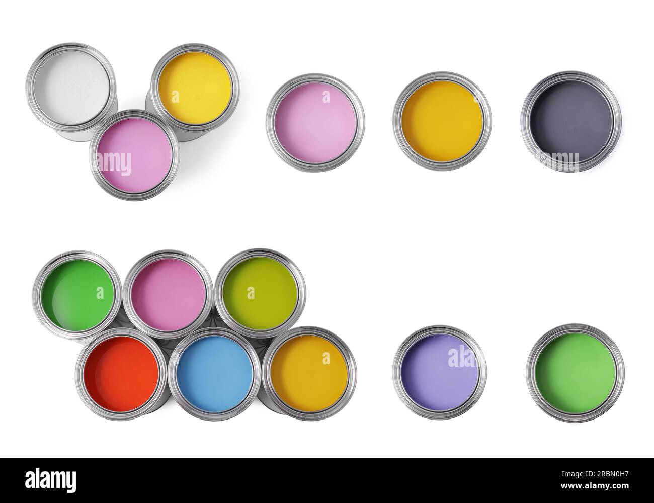 Collage with paints of different colors in cans isolated on white, top ...