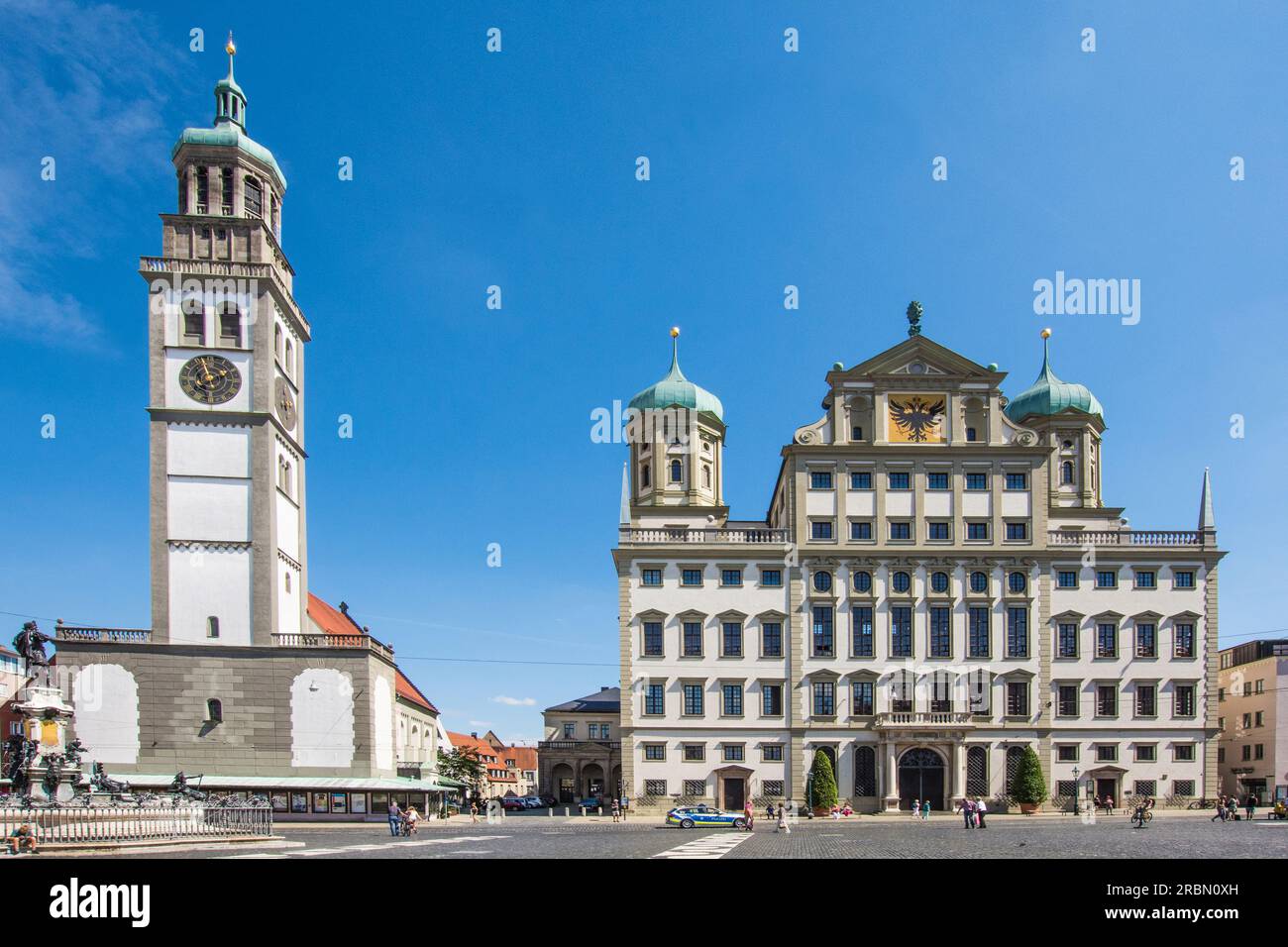 Augsburg City Hall with Perlach Tower in summer, Romantic Road, Bavaria ...