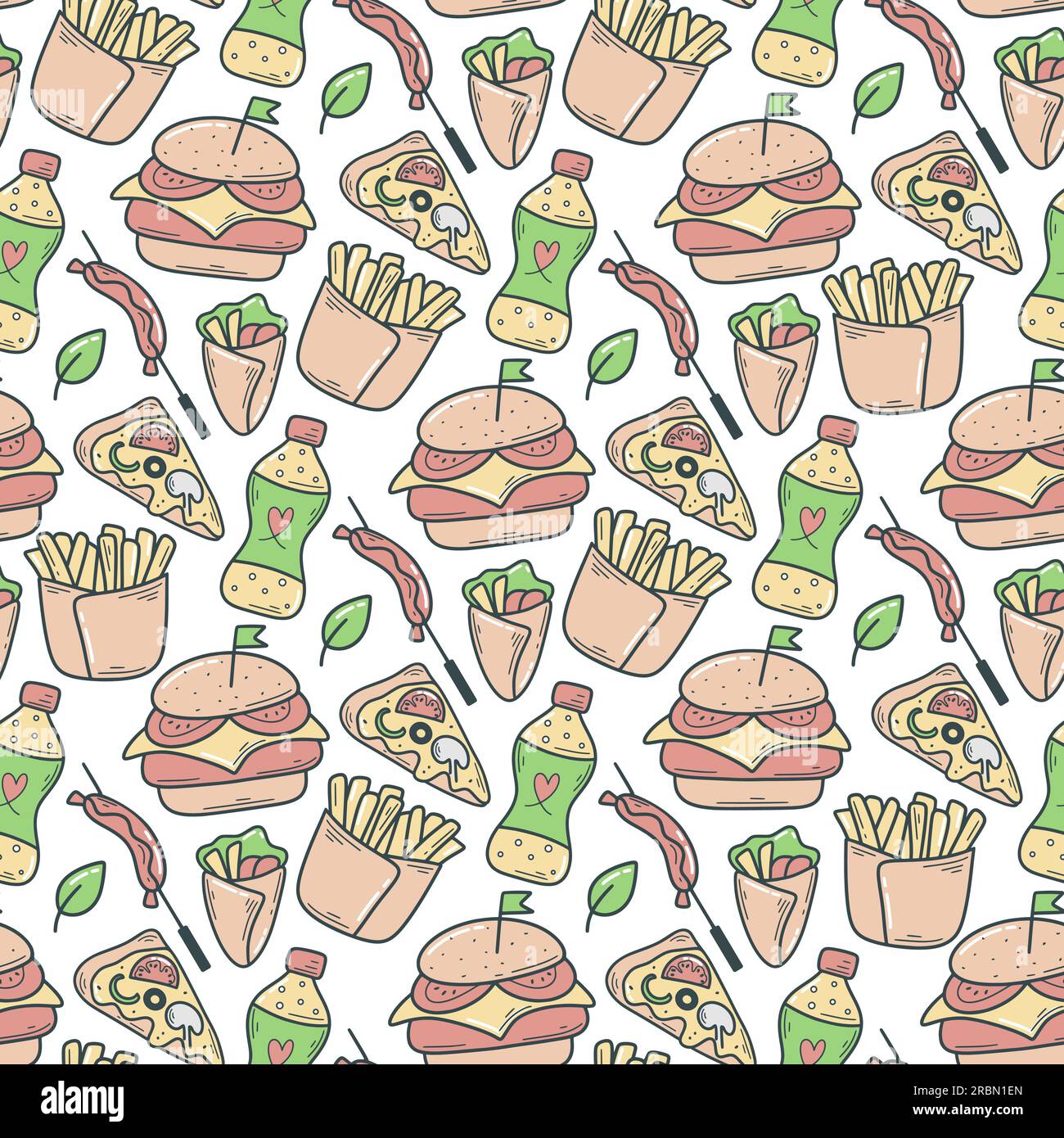 Street food hand drawn seamless pattern. Fast food background. Hamburger, pizza, french fries ...