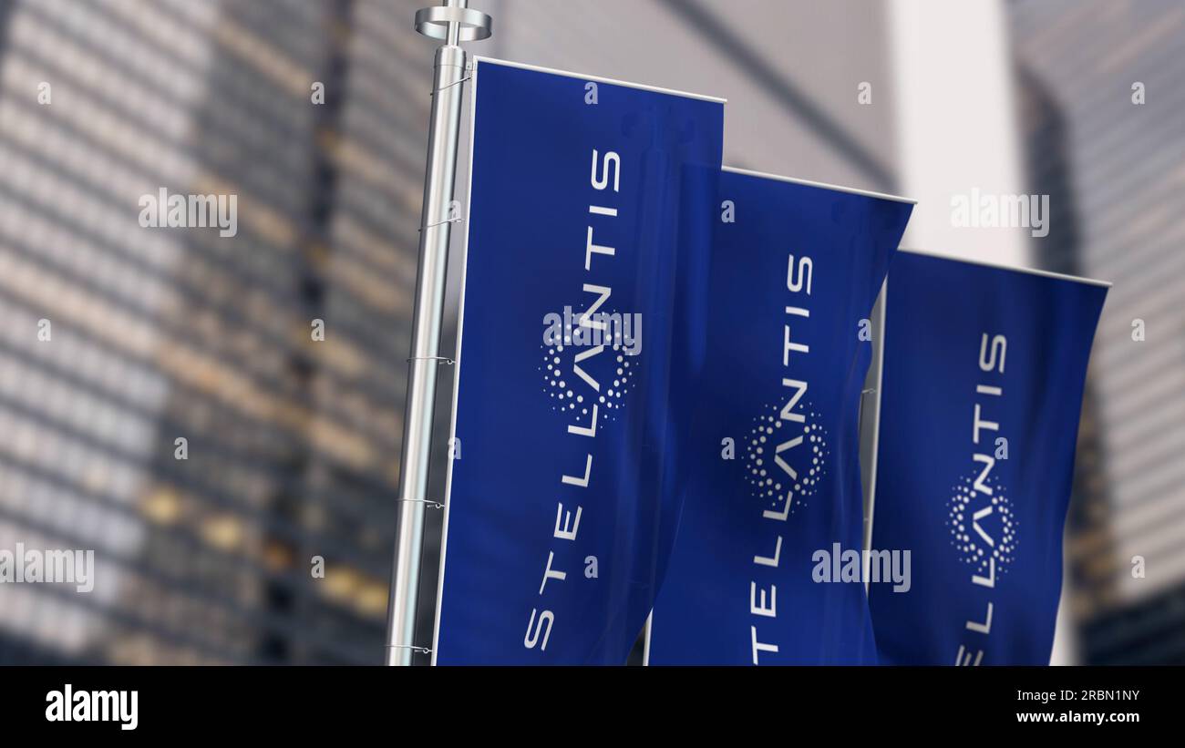Amsterdam, NL, May 20 2023: Three Blue vertical banners with Stellantis ...