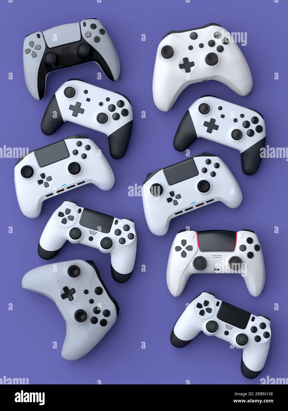 Set of lying gamer joysticks or gamepads on purple background with blur ...