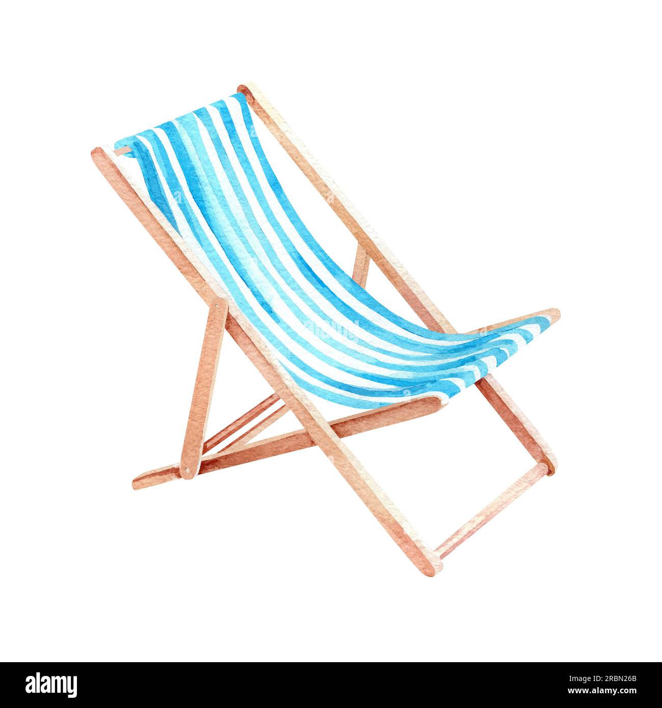 The beach chair is white with blue stripes. Watercolor drawing on a ...