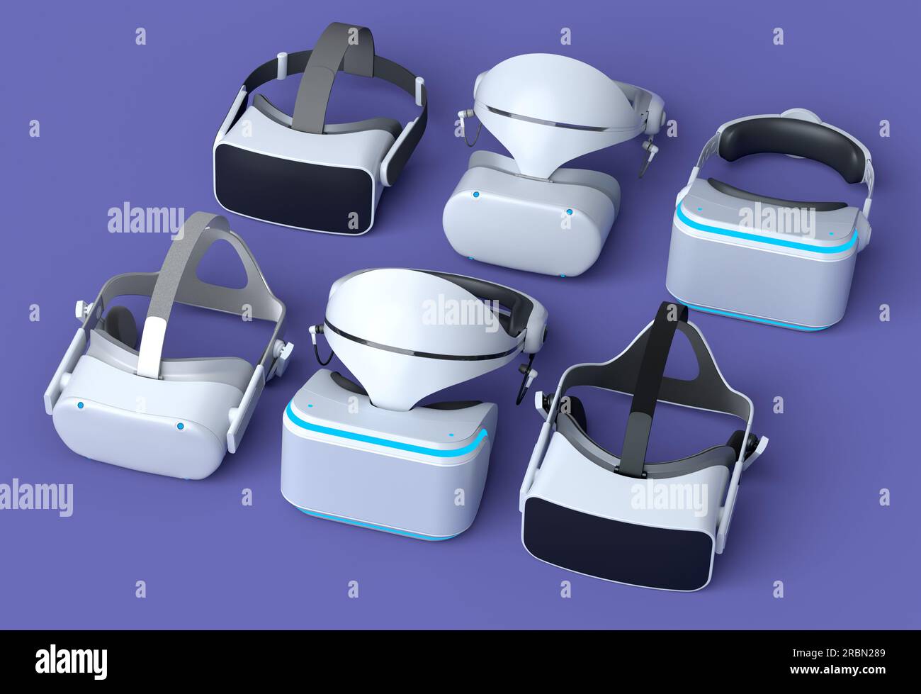 Top view virtual reality glasses for online and cloud gaming on purple ...