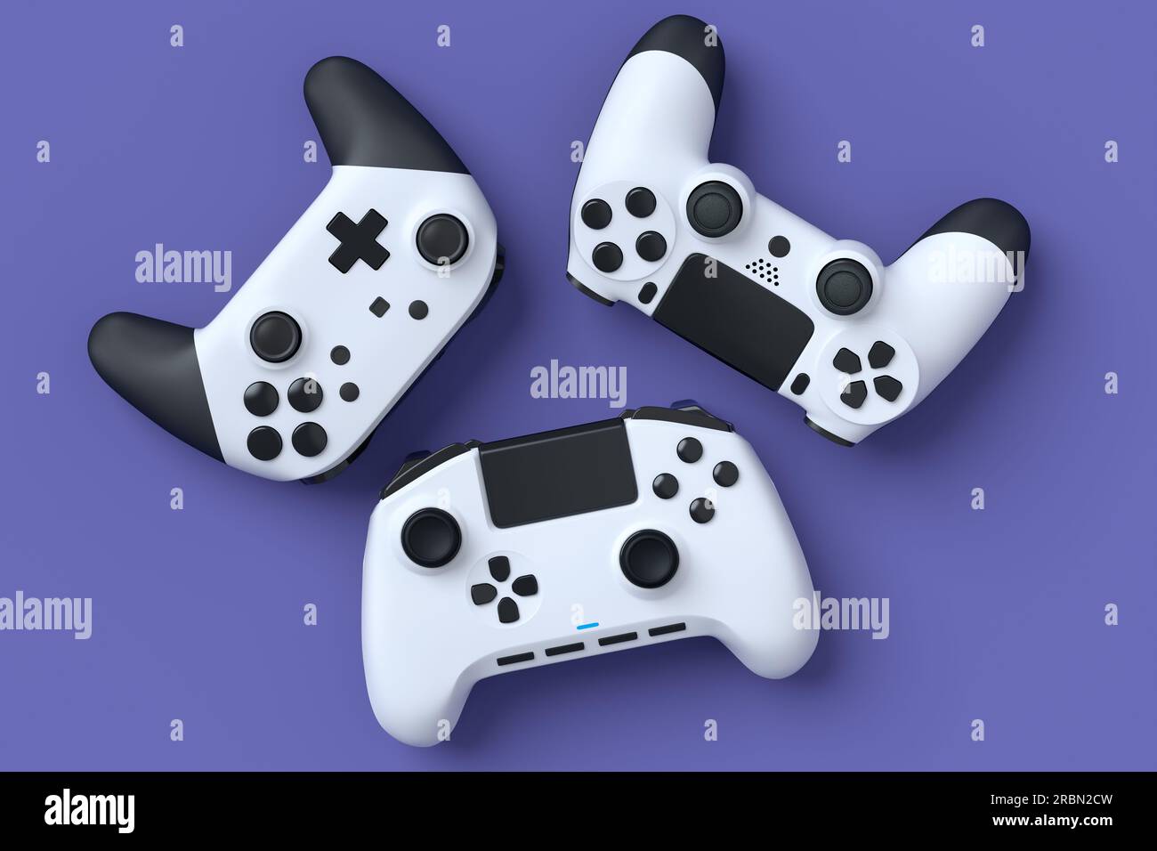 Set of lying gamer joysticks or gamepads on purple background with blur ...