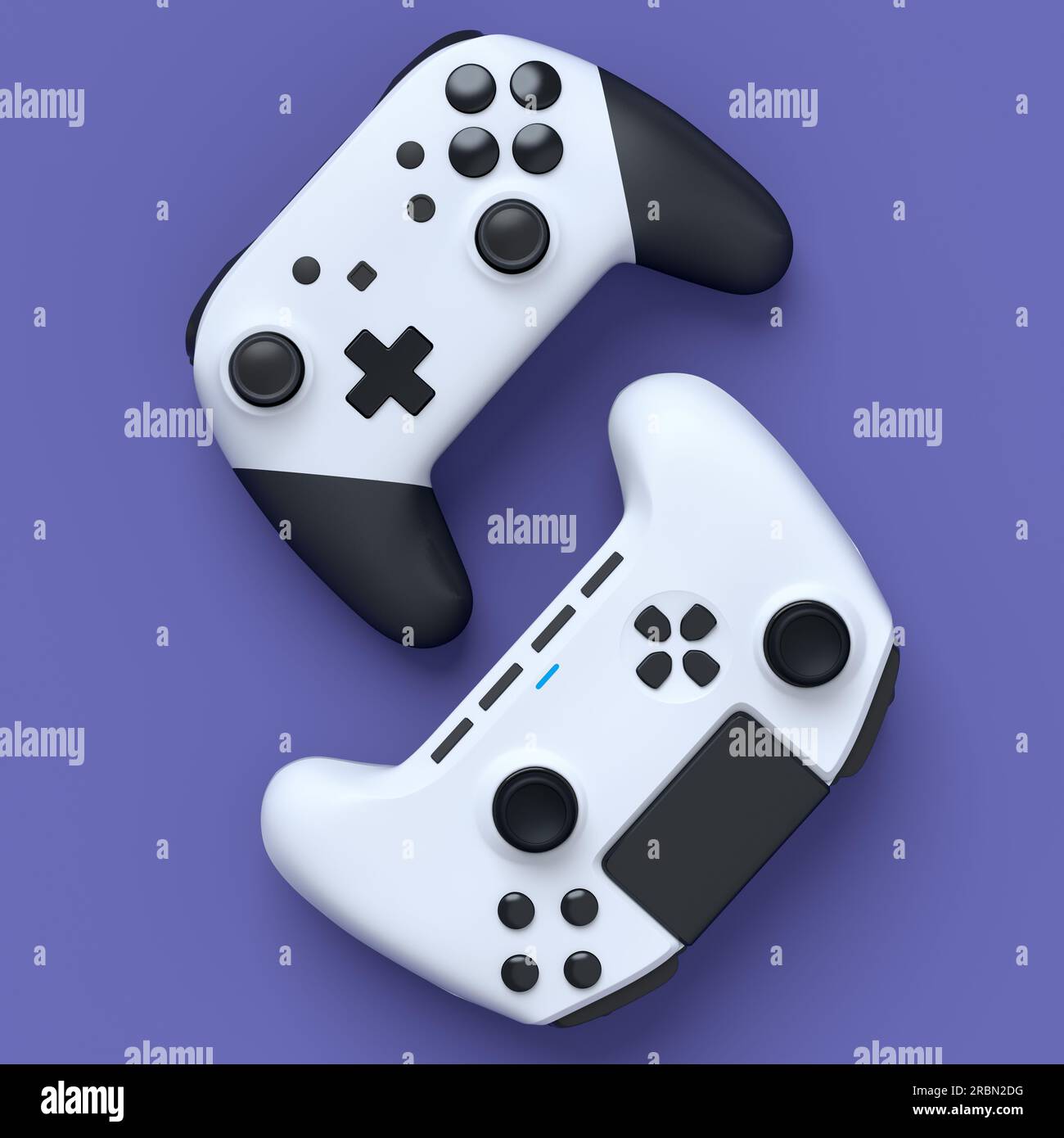 Set of lying gamer joysticks or gamepads on purple background with blur ...