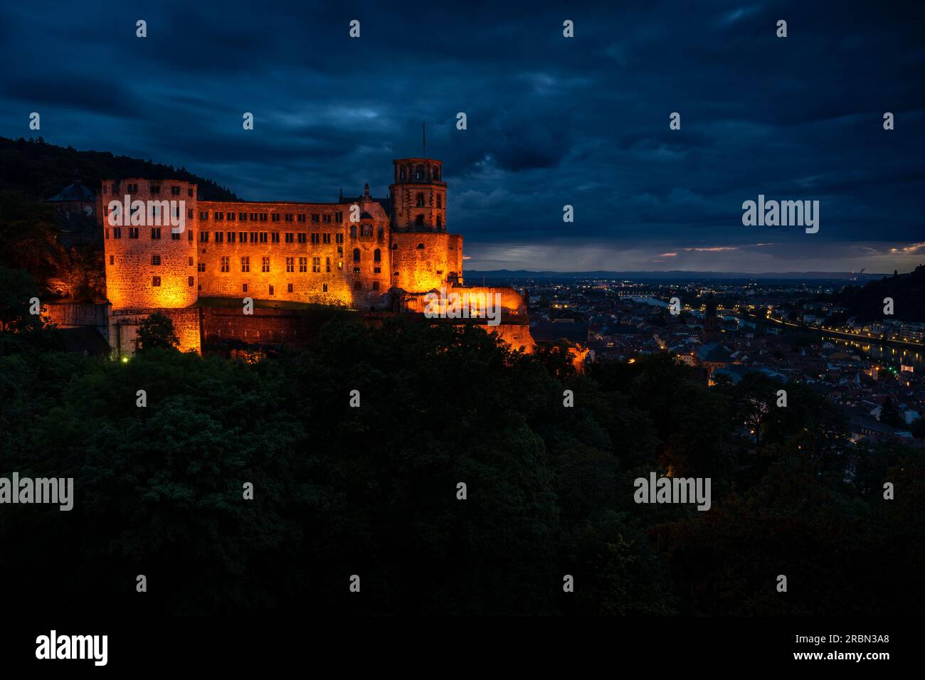 The famous castle of Heidelberg, Germany, at nightfall. The castle is ...