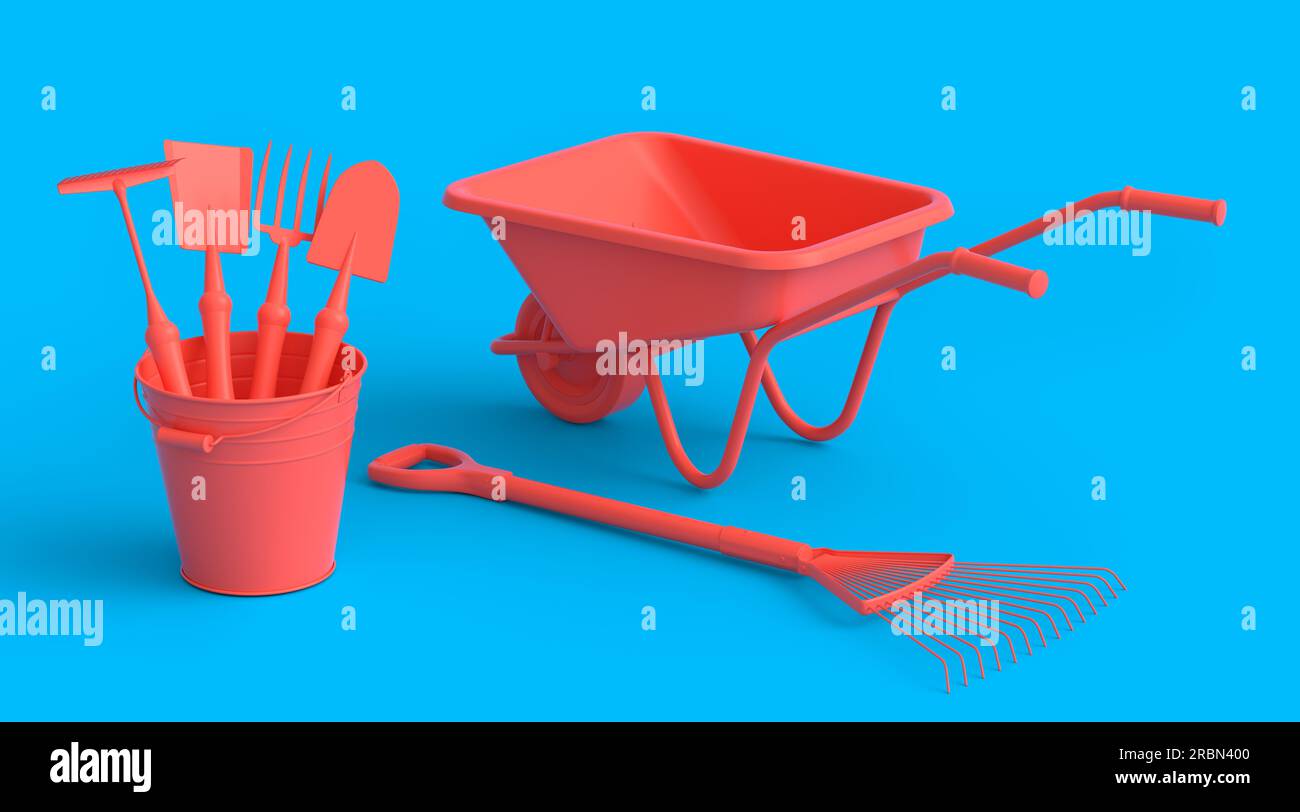 Garden wheelbarrow with garden tools like shovel, rake and fork on ...