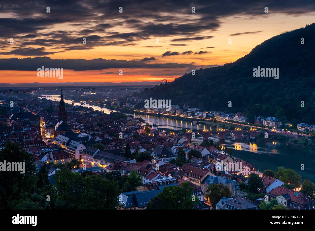 The Old Town of Heidelberg with river Neckar and the Old Bridge after ...