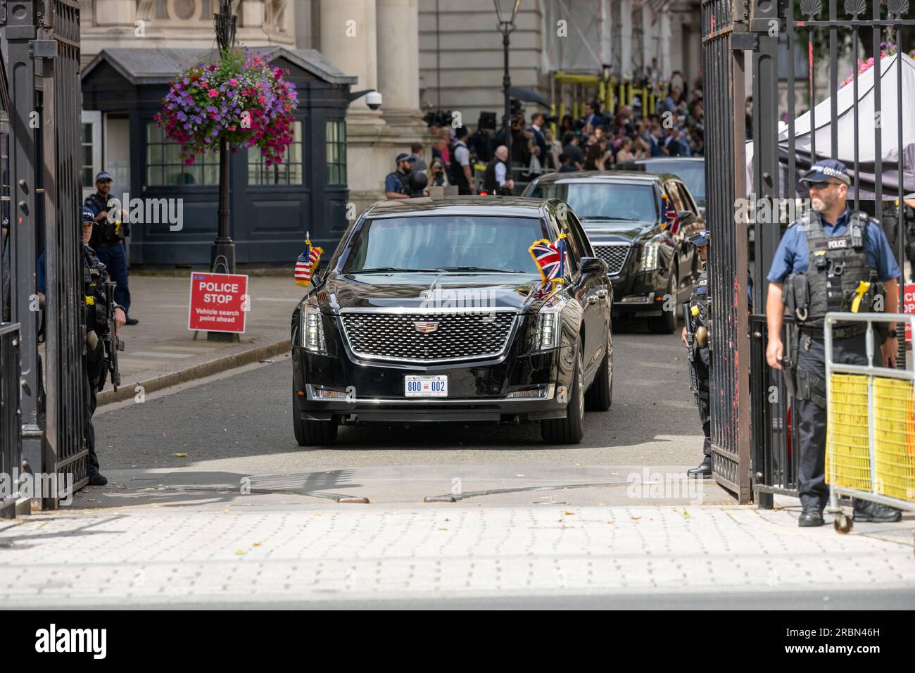 London, UK. 10th July, 2023. The US Presidential convoy at Downing ...