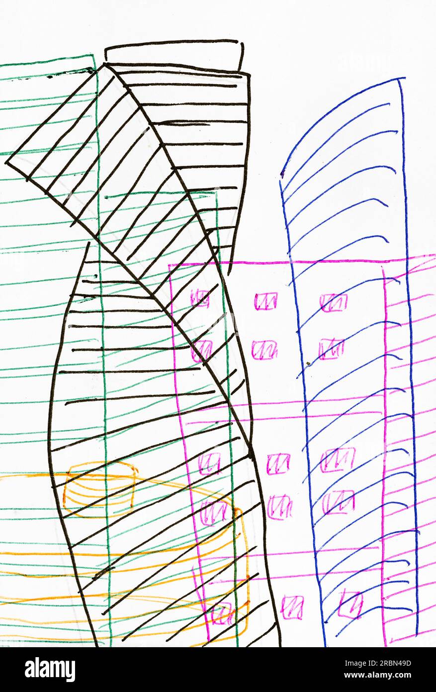 training hand drawn sketch of modern towers on white paper by colour ...