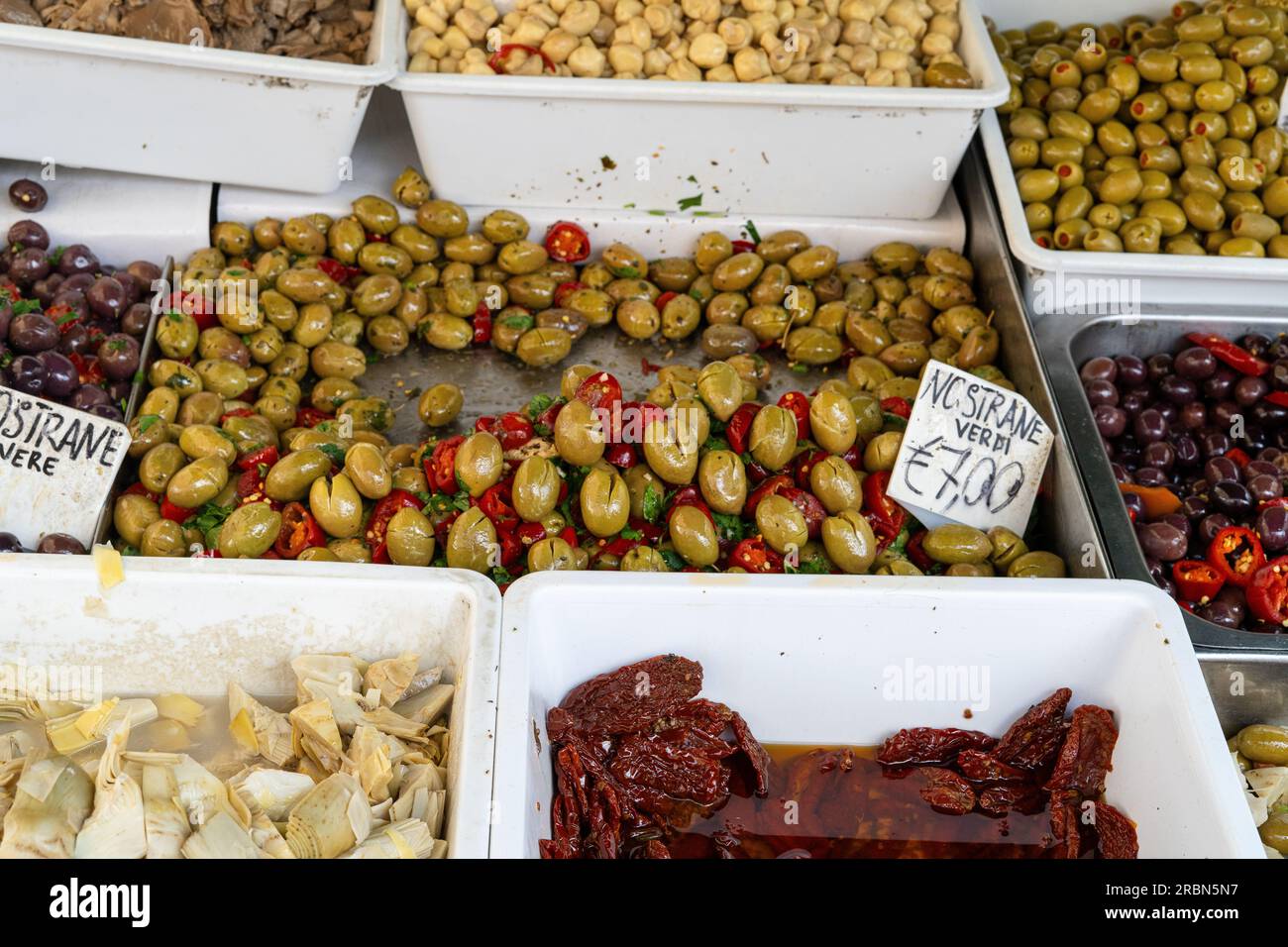Fresh homegrown green olives (translation: nostrane verdi) sold at a ...