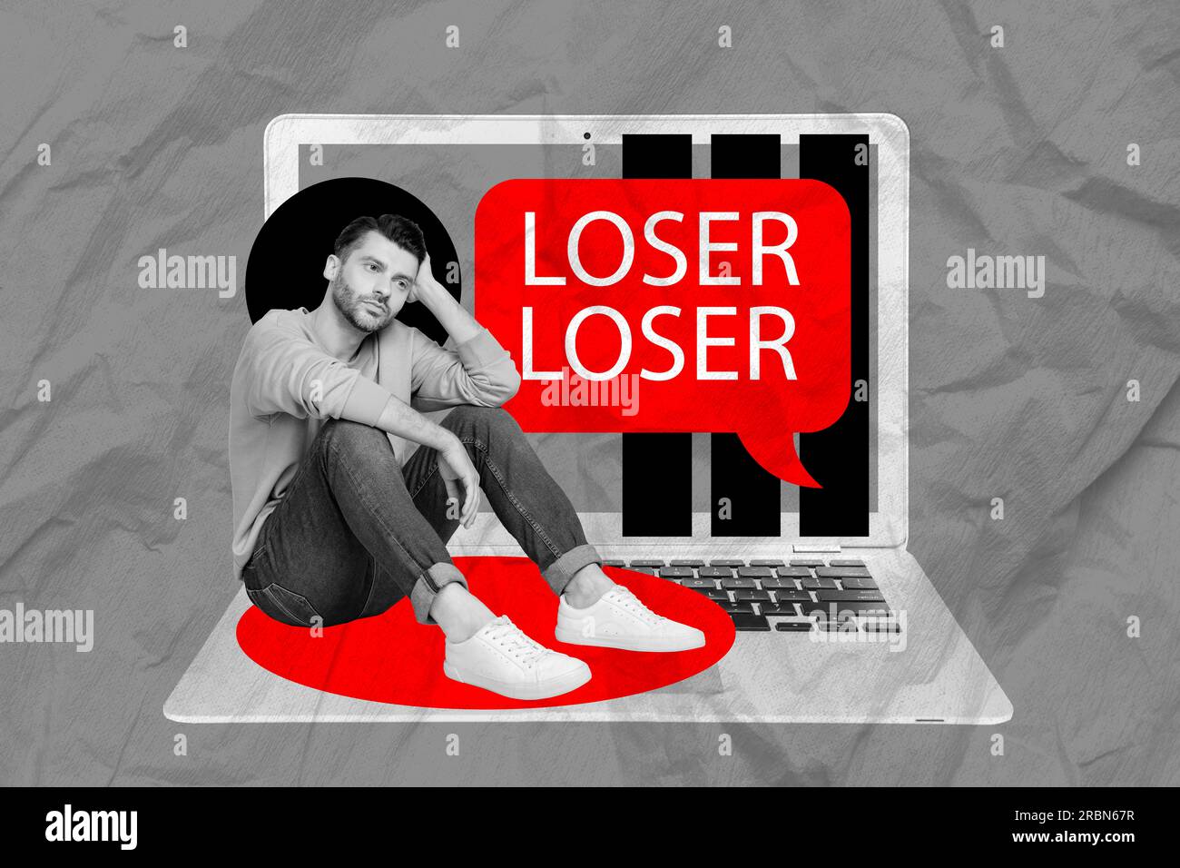 Picture image collage artwork of dissatisfied man sit big netbook ...