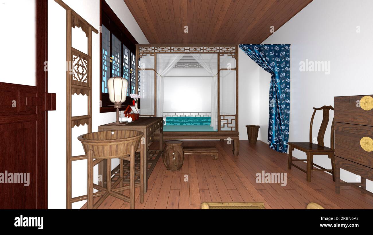 3D digital rendering of an ancient Chinese bedroom interior Stock Photo ...
