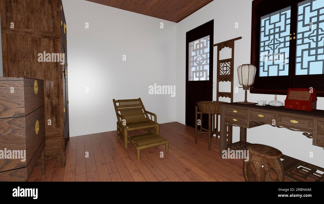 3D digital rendering of an ancient Chinese bedroom interior Stock Photo ...