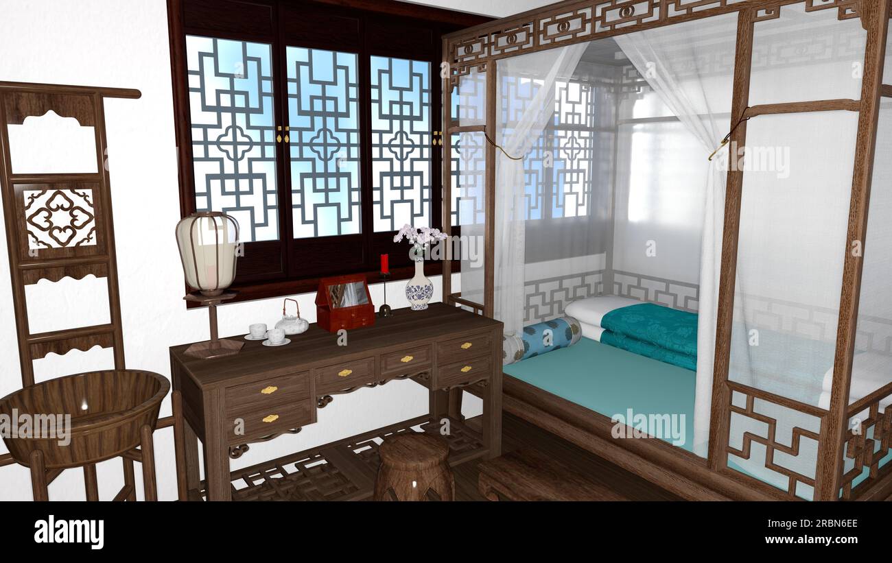 3D digital rendering of an ancient Chinese bedroom interior Stock Photo ...
