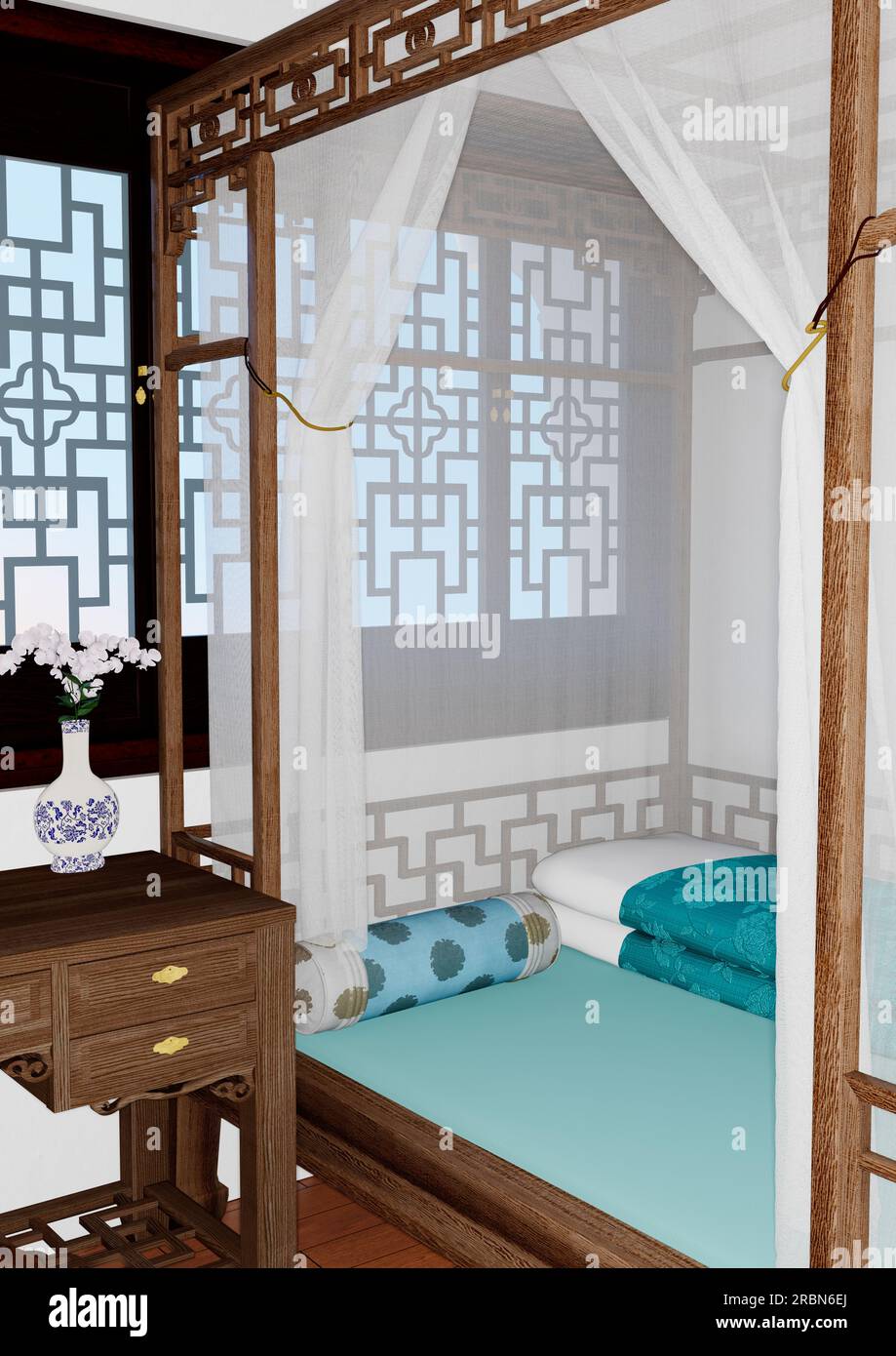 3D digital rendering of an ancient Chinese bedroom interior Stock Photo ...