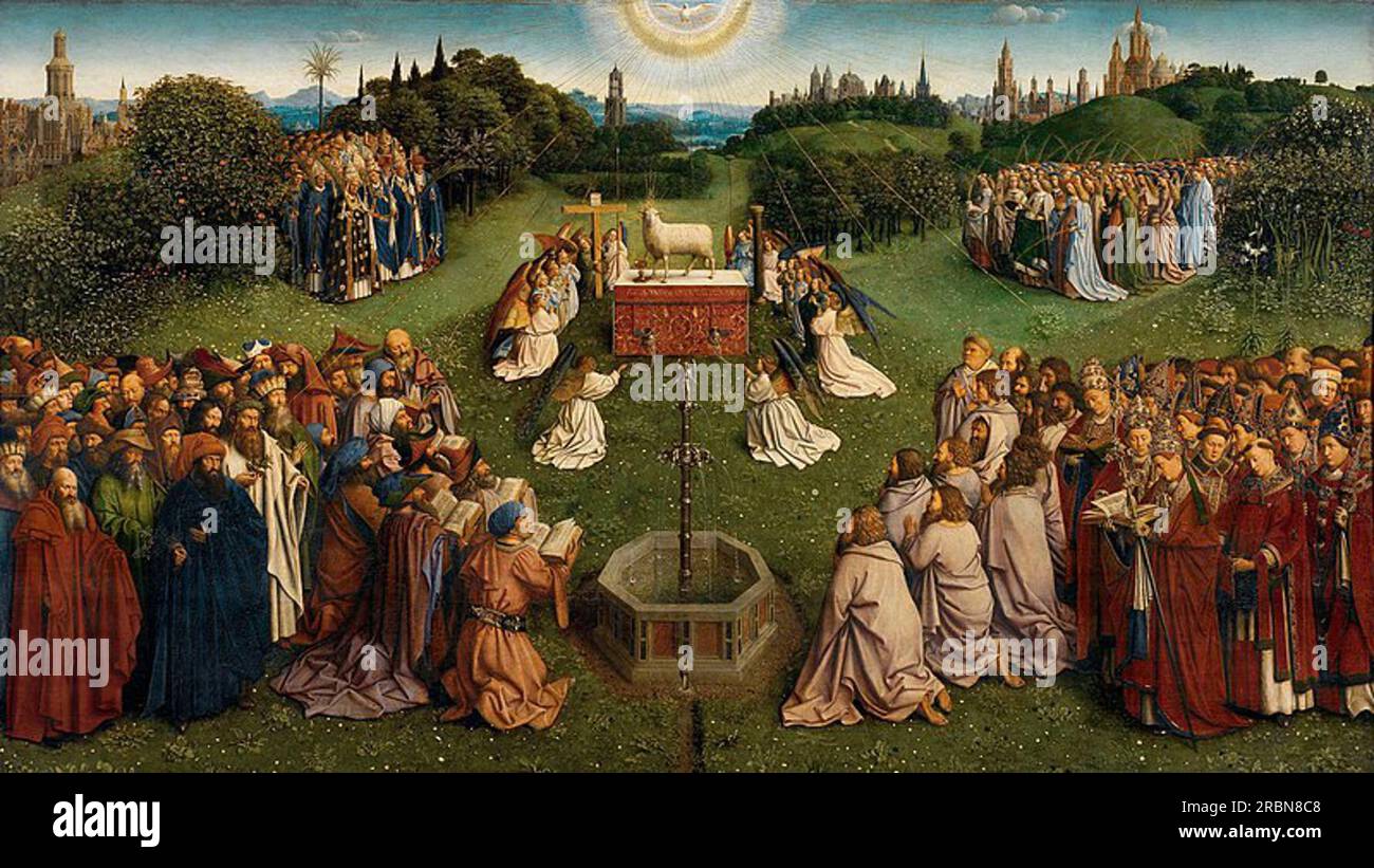 The Ghent Altarpiece. Adoration of the Lamb (detail) 1432 by Jan van ...