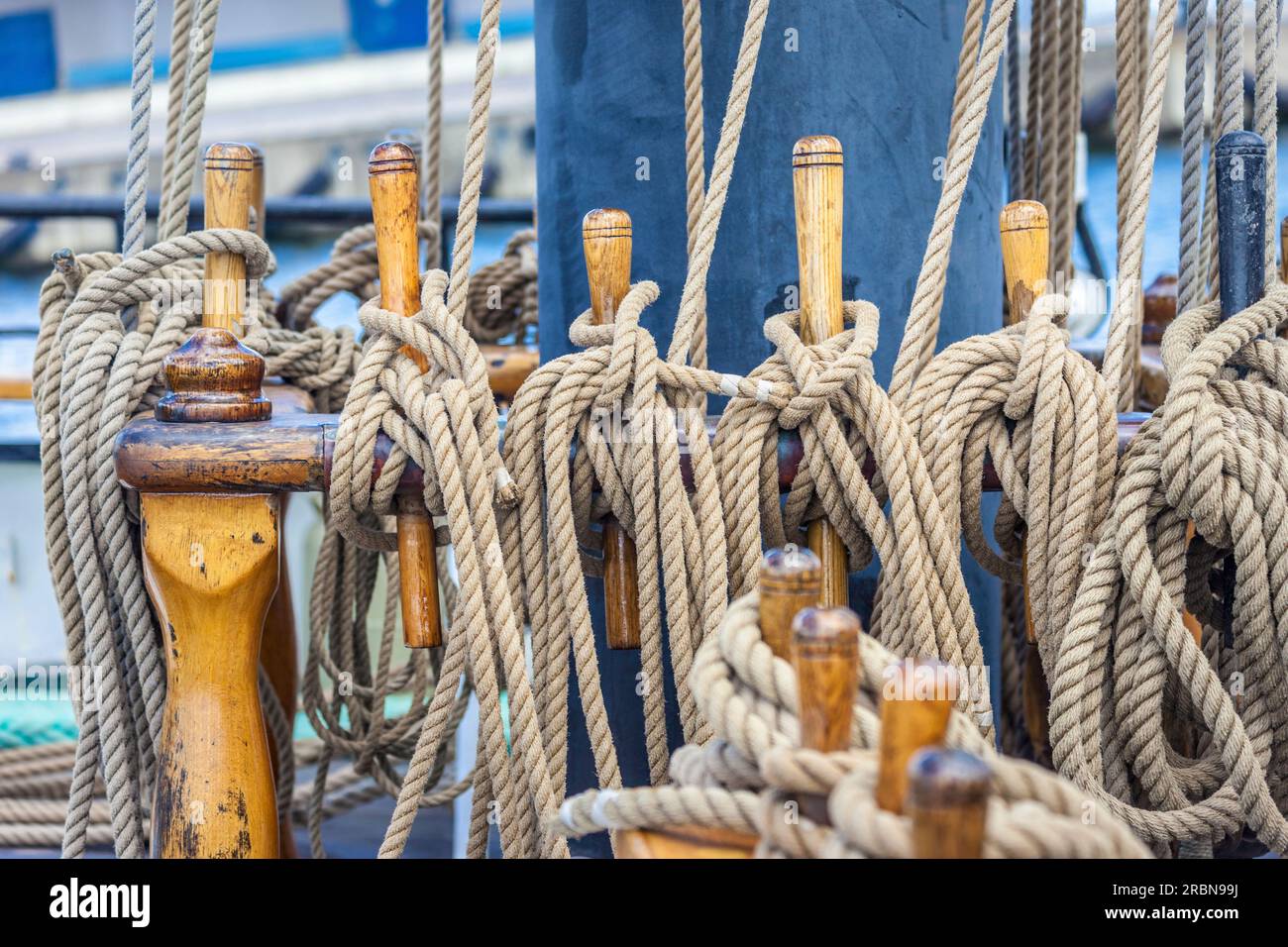 Ropes on the sailing ship Fridtjof Nansen (1919) in the port of Wismar ...