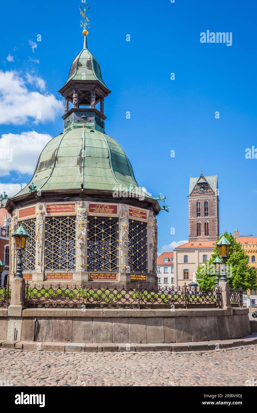 Monument Wasserkunst on the market square in the old town of Wismar ...