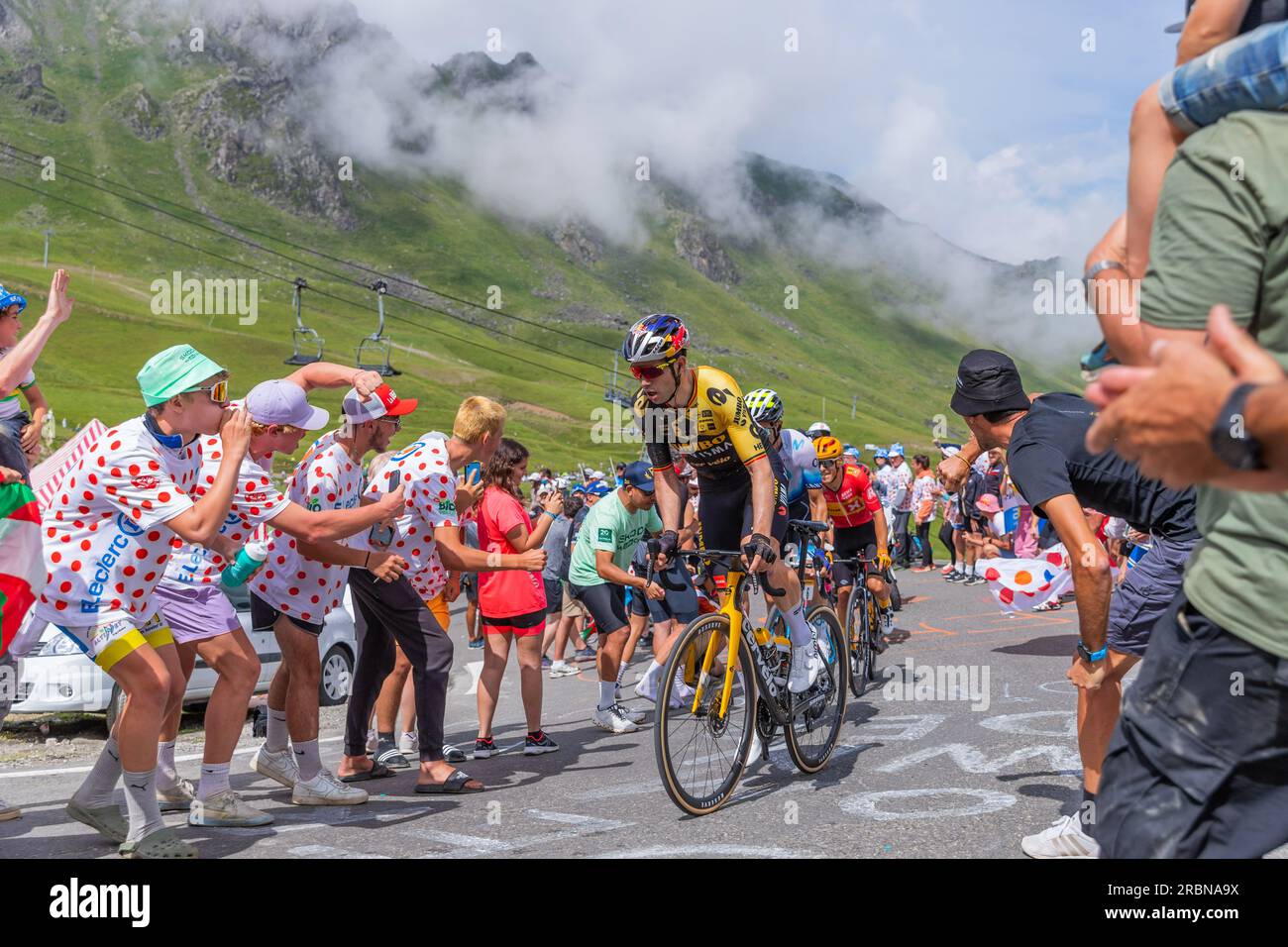 Col du Tourmalet, France - July 06 2023: Wout van Aert climbig the road ...