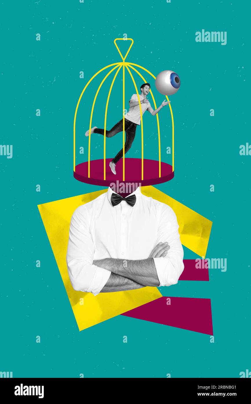 Sketch retro 3d collage of weird strange gentleman cage instead face ...