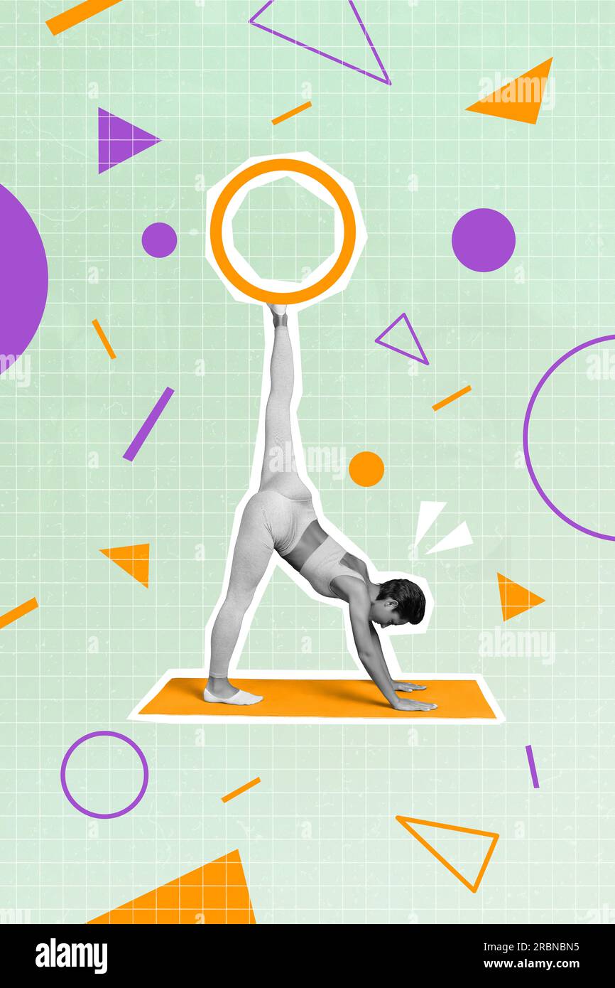 Vertical collage image of black white effect girl stand fitness carpet ...