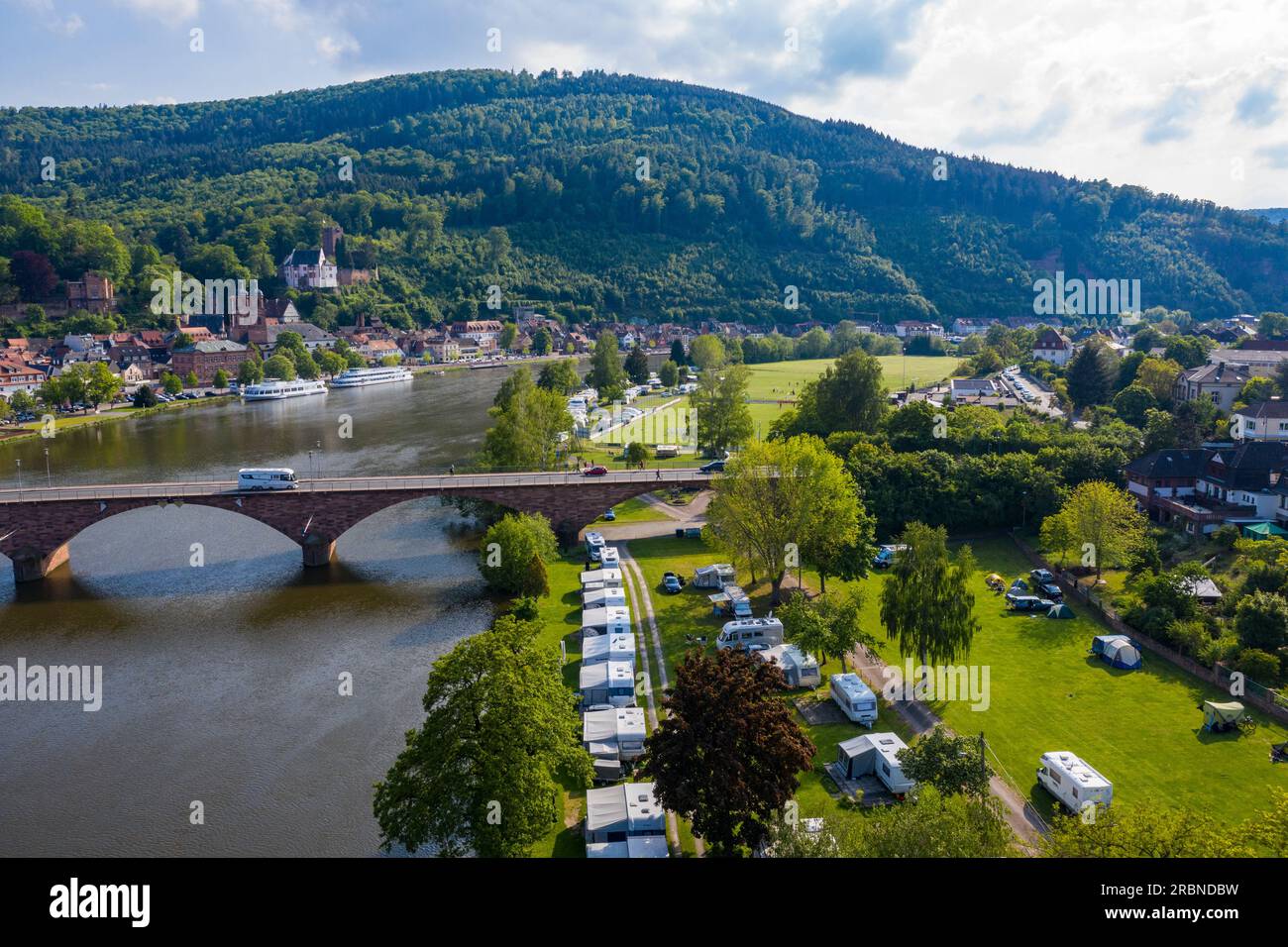 Aerial view of campsite along Main river with town behind, Miltenberg ...