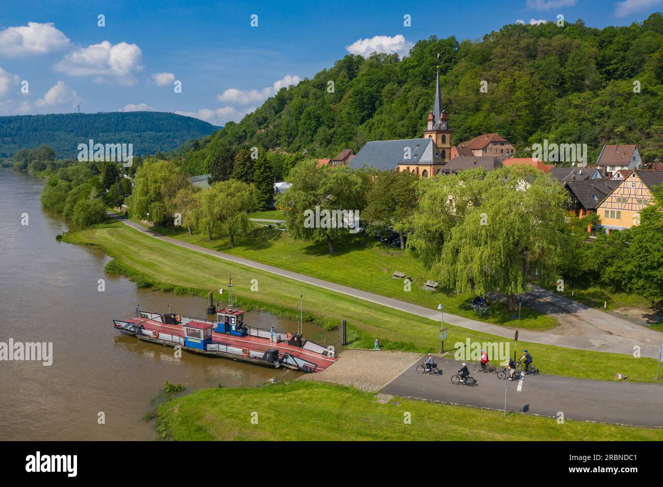 Aerial view of the car ferry on the Main connecting Stadtprozelten and ...
