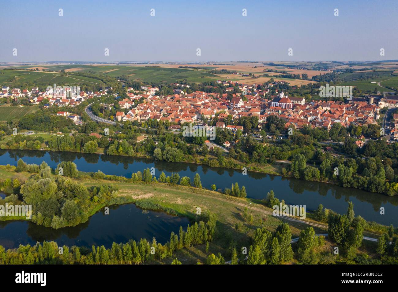 Aerial view of Main and lakes with town behind, Dettelbach, Franconia ...